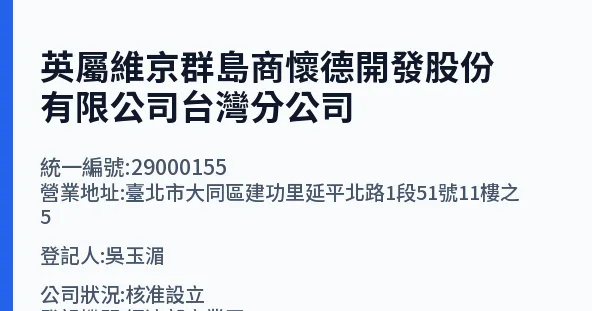 英屬維京群島商懷德開發股份有限公司台灣分公司的照片-統編 29000155(臺北市) 公司登記資料與營業項目詳細圖表