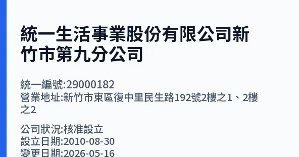 統一生活事業股份有限公司新竹市第九分公司的照片-統編 29000182(新竹市) 公司登記資料與營業項目詳細圖表