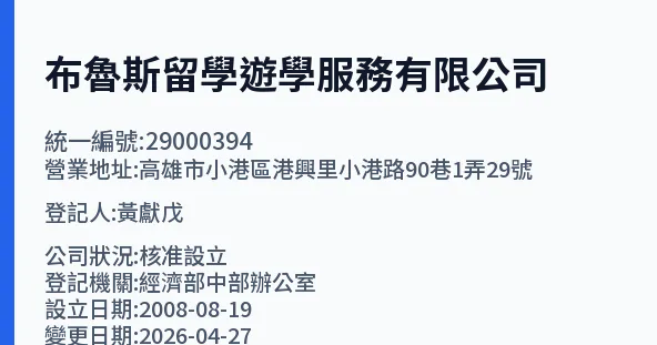 布魯斯留學遊學服務有限公司的照片-統編 29000394(高雄市) 公司登記資料與營業項目詳細圖表