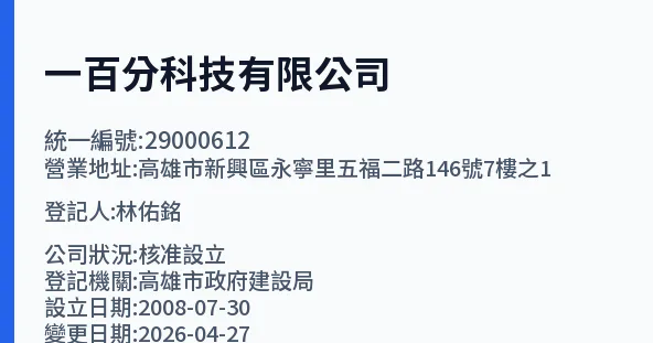 一百分科技有限公司的照片-統編 29000612(高雄市) 公司登記資料與營業項目詳細圖表