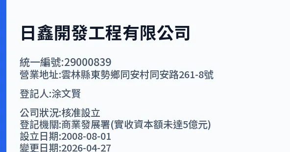 日鑫開發工程有限公司的照片-統編 29000839(雲林縣) 公司登記資料與營業項目詳細圖表