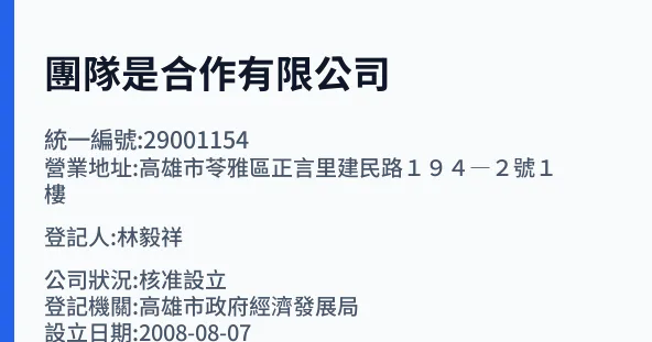 團隊是合作有限公司的照片-統編 29001154(高雄市) 公司登記資料與營業項目詳細圖表