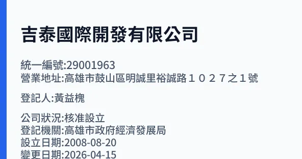 吉泰國際開發有限公司的照片-統編 29001963(高雄市) 公司登記資料與營業項目詳細圖表