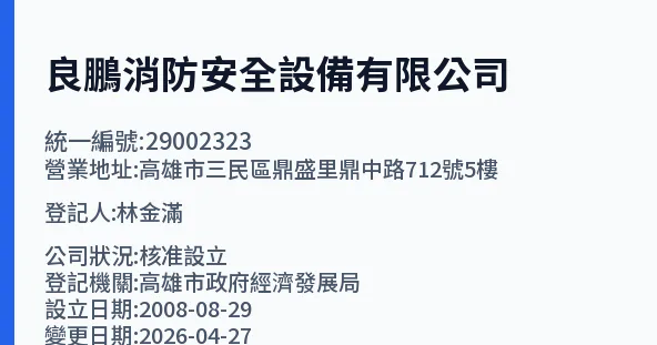 良鵬消防安全設備有限公司的照片-統編 29002323(高雄市) 公司登記資料與營業項目詳細圖表