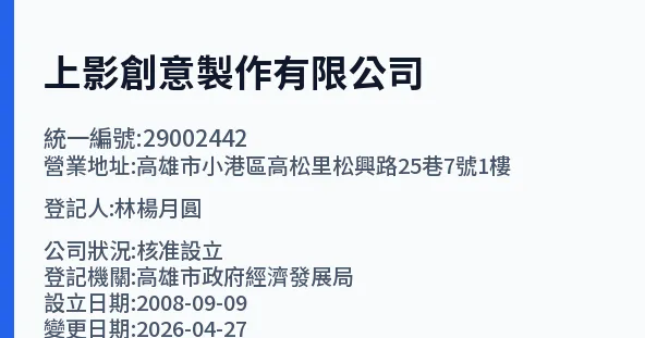上影創意製作有限公司的照片-統編 29002442(高雄市) 公司登記資料與營業項目詳細圖表