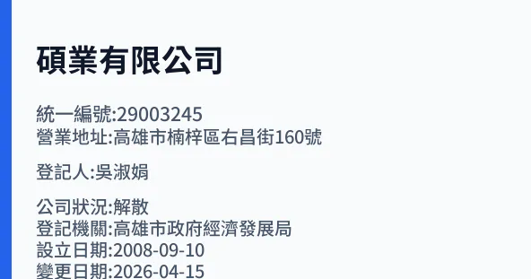碩業有限公司的照片-統編 29003245(高雄市) 公司登記資料與營業項目詳細圖表
