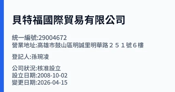 貝特福國際貿易有限公司的照片-統編 29004672(高雄市) 公司登記資料與營業項目詳細圖表