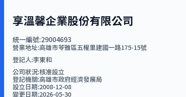 享溫馨企業股份有限公司的照片-統編 29004693(高雄市) 公司登記資料與營業項目詳細圖表