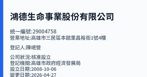 鴻德生命事業股份有限公司的照片-統編 29004758(高雄市) 公司登記資料與營業項目詳細圖表