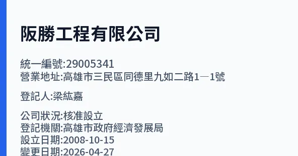 阪勝工程有限公司的照片-統編 29005341(高雄市) 公司登記資料與營業項目詳細圖表