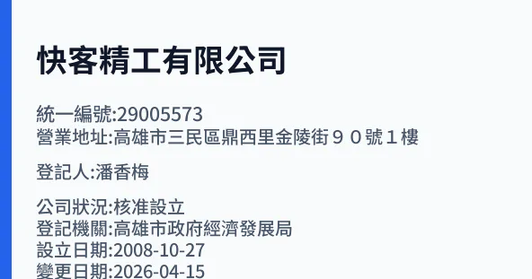 快客精工有限公司的照片-統編 29005573(高雄市) 公司登記資料與營業項目詳細圖表