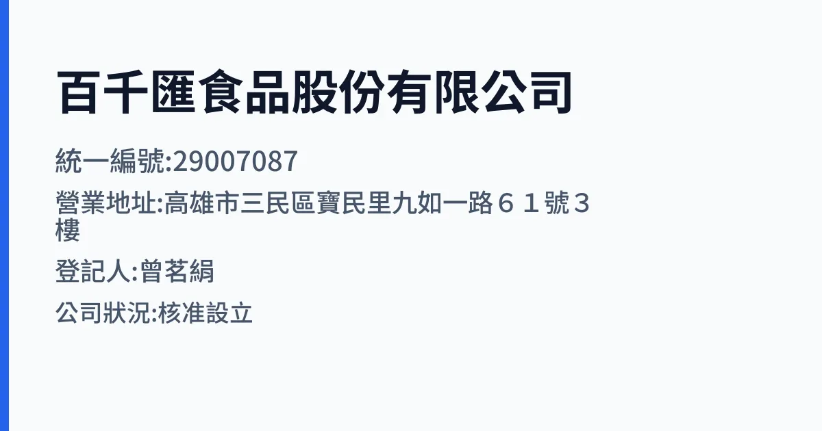 百千匯食品股份有限公司 - 統編 29007087(高雄市) 公司登記資料與營業項目詳細圖表