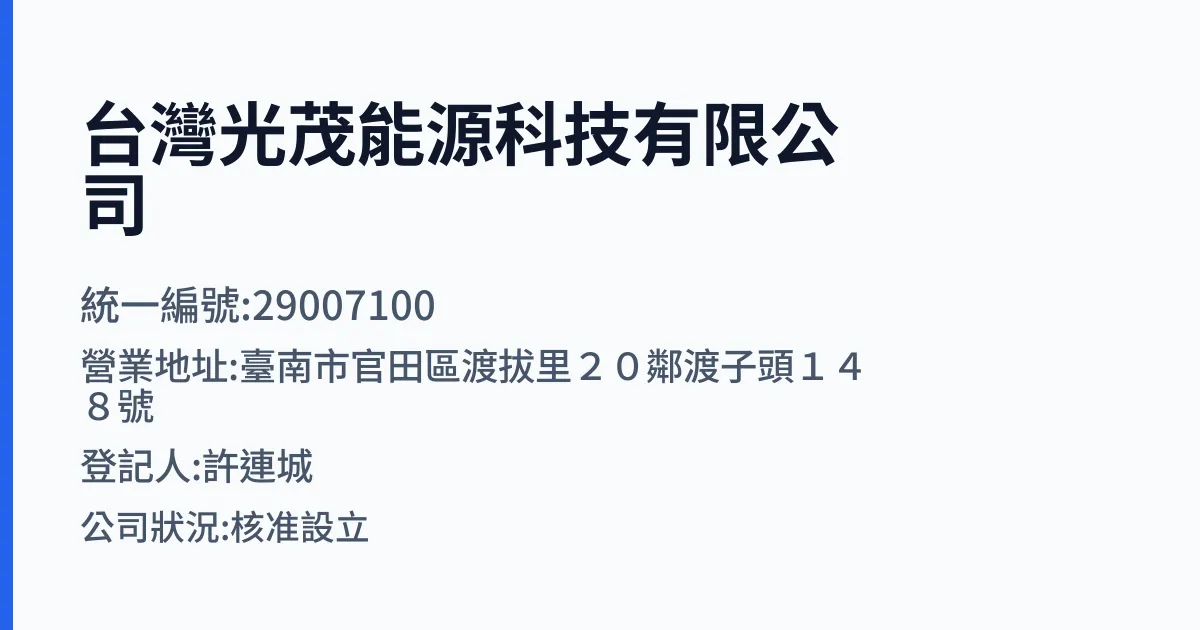 台灣光茂能源科技有限公司 - 統編 29007100 (臺南市) 公司登記資料與營業項目詳細圖表