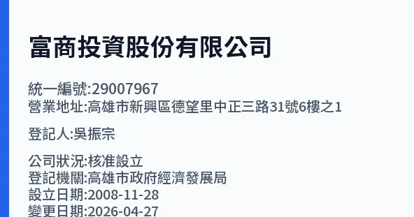 富商投資股份有限公司的照片-統編 29007967(高雄市) 公司登記資料與營業項目詳細圖表