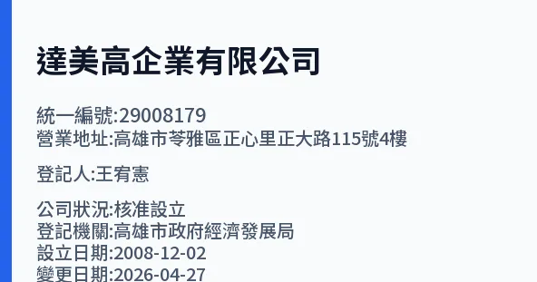 達美高企業有限公司的照片-統編 29008179(高雄市) 公司登記資料與營業項目詳細圖表