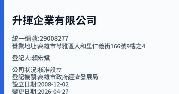 升揮企業有限公司的照片-統編 29008277(高雄市) 公司登記資料與營業項目詳細圖表