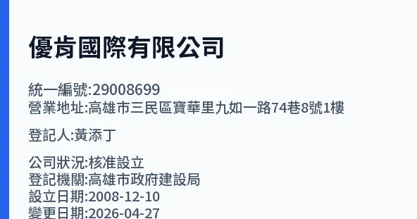 優肯國際有限公司的照片-統編 29008699(高雄市) 公司登記資料與營業項目詳細圖表