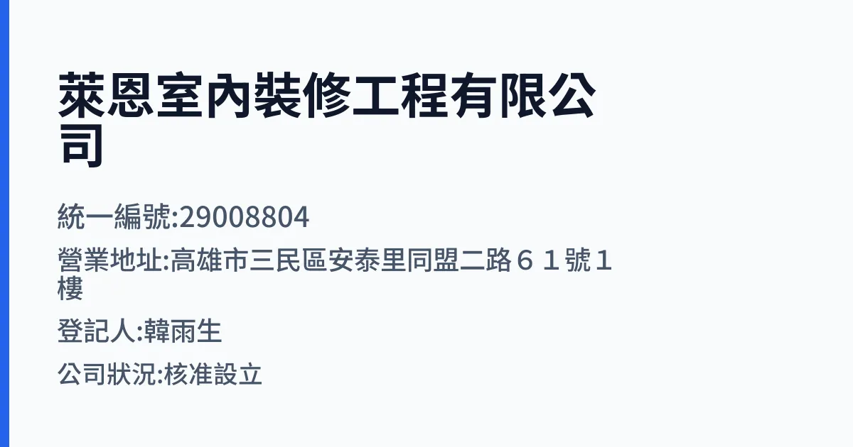 萊恩室內裝修工程有限公司 - 統編 29008804(高雄市) 公司登記資料與營業項目詳細圖表