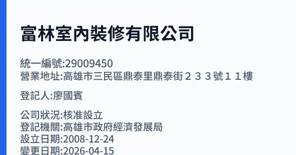 富林室內裝修有限公司的照片-統編 29009450(高雄市) 公司登記資料與營業項目詳細圖表