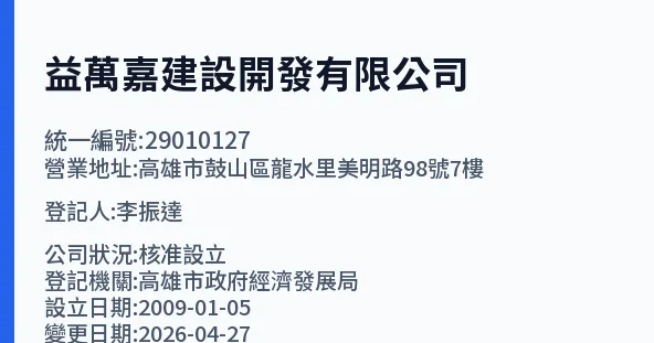 益萬嘉建設開發有限公司的照片-統編 29010127(高雄市) 公司登記資料與營業項目詳細圖表