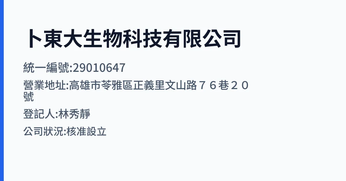 卜東大生物科技有限公司 - 統編 29010647(高雄市) 公司登記資料與營業項目詳細圖表