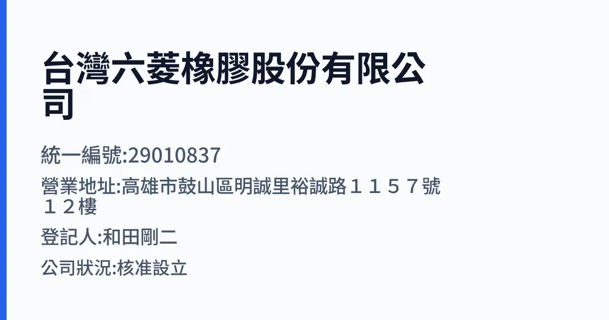 台灣六菱橡膠股份有限公司 - 統編 29010837(高雄市) 公司登記資料與營業項目詳細圖表
