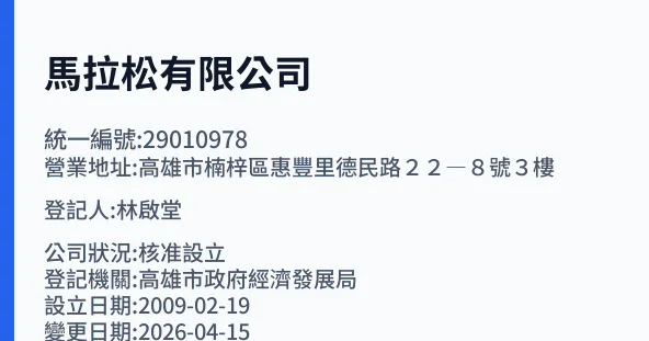 馬拉松有限公司的照片-統編 29010978(高雄市) 公司登記資料與營業項目詳細圖表