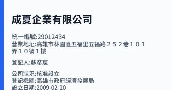成夏企業有限公司的照片-統編 29012434(高雄市) 公司登記資料與營業項目詳細圖表