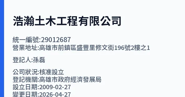 浩瀚土木工程有限公司的照片-統編 29012687(高雄市) 公司登記資料與營業項目詳細圖表