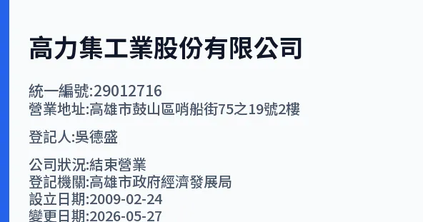 高力集工業股份有限公司的照片-統編 29012716(高雄市) 公司登記資料與營業項目詳細圖表