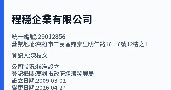 程穩企業有限公司的照片-統編 29012856(高雄市) 公司登記資料與營業項目詳細圖表