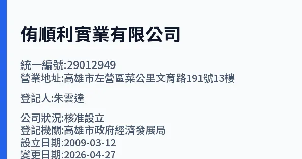 侑順利實業有限公司的照片-統編 29012949(高雄市) 公司登記資料與營業項目詳細圖表