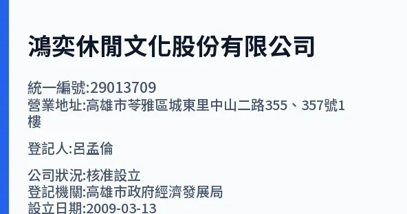 鴻奕休閒文化股份有限公司的照片-統編 29013709(高雄市) 公司登記資料與營業項目詳細圖表