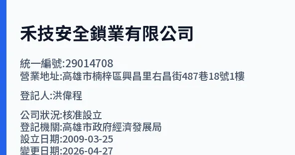 禾技安全鎖業有限公司的照片-統編 29014708(高雄市) 公司登記資料與營業項目詳細圖表