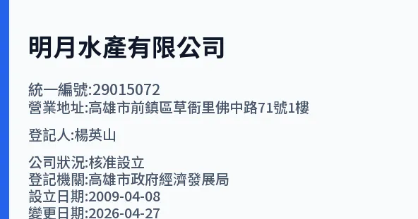 明月水產有限公司的照片-統編 29015072(高雄市) 公司登記資料與營業項目詳細圖表