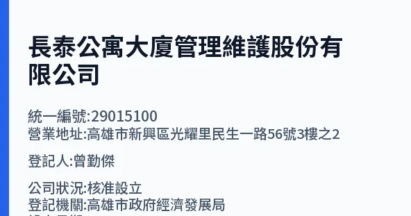 長泰公寓大廈管理維護股份有限公司的照片-統編 29015100(高雄市) 公司登記資料與營業項目詳細圖表