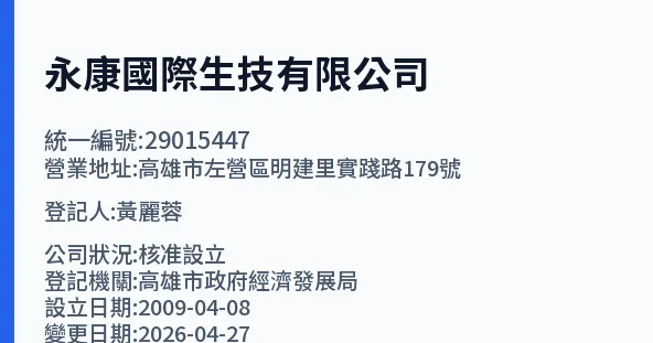 永康國際生技有限公司的照片-統編 29015447(高雄市) 公司登記資料與營業項目詳細圖表