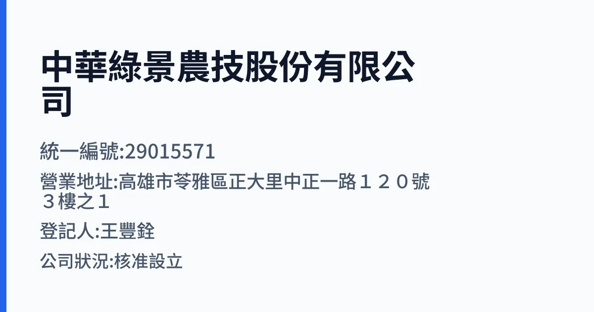 中華綠景農技股份有限公司 - 統編 29015571(高雄市) 公司登記資料與營業項目詳細圖表