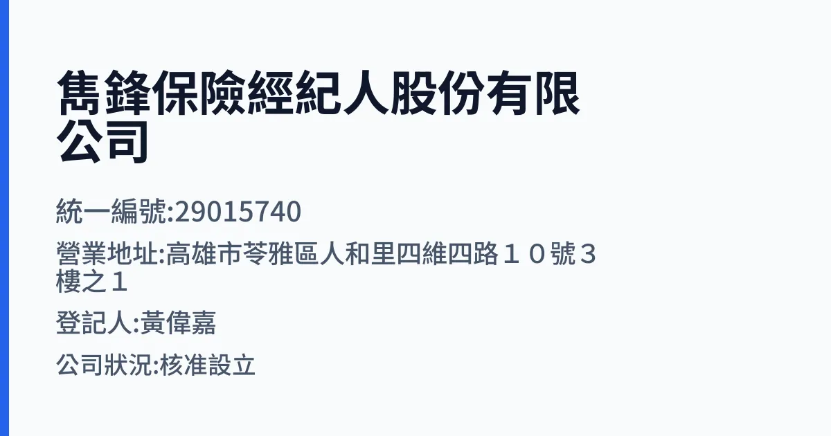 雋鋒保險經紀人股份有限公司 - 統編 29015740(高雄市) 公司登記資料與營業項目詳細圖表