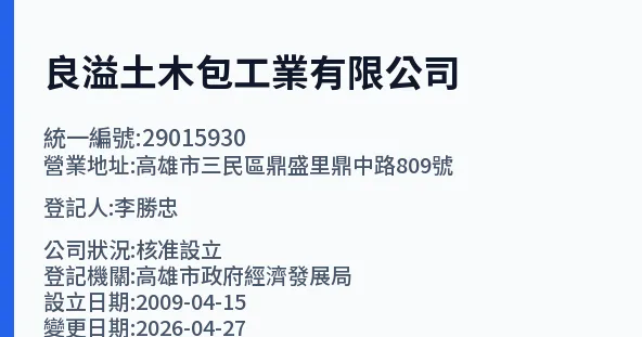 良溢土木包工業有限公司的照片-統編 29015930(高雄市) 公司登記資料與營業項目詳細圖表