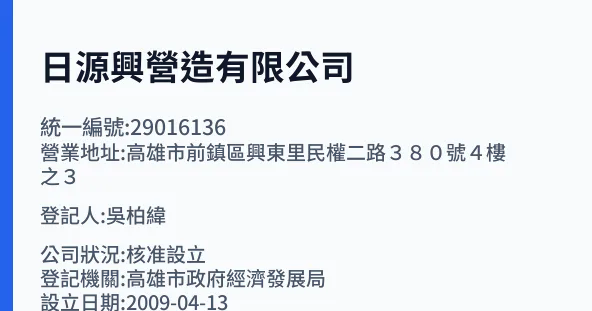 日源興營造有限公司的照片-統編 29016136(高雄市) 公司登記資料與營業項目詳細圖表