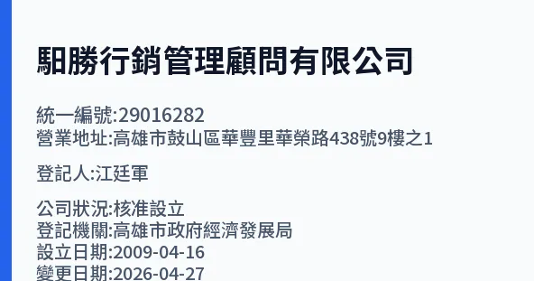 馹勝行銷管理顧問有限公司的照片-統編 29016282(高雄市) 公司登記資料與營業項目詳細圖表