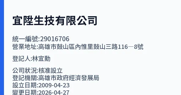 宜陞生技有限公司的照片-統編 29016706(高雄市) 公司登記資料與營業項目詳細圖表