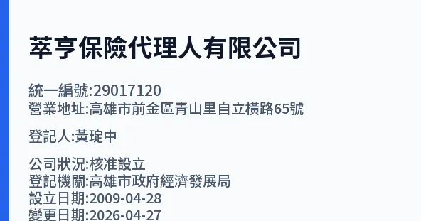 萃亨保險代理人有限公司的照片-統編 29017120(高雄市) 公司登記資料與營業項目詳細圖表