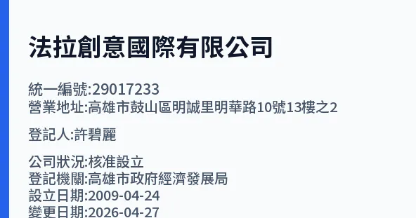 法拉創意國際有限公司的照片-統編 29017233(高雄市) 公司登記資料與營業項目詳細圖表