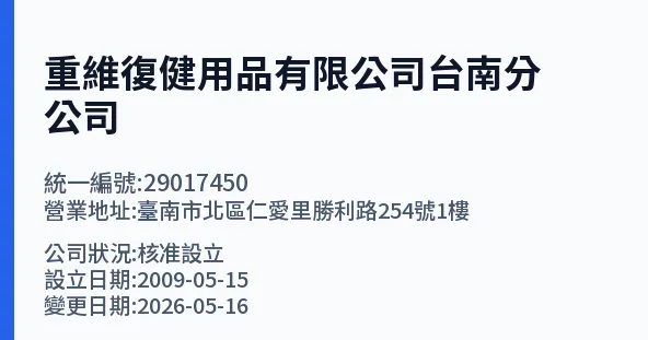 重維復健用品有限公司台南分公司的照片-統編 29017450(臺南市) 公司登記資料與營業項目詳細圖表