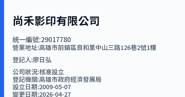 尚禾影印有限公司的照片-統編 29017780(高雄市) 公司登記資料與營業項目詳細圖表