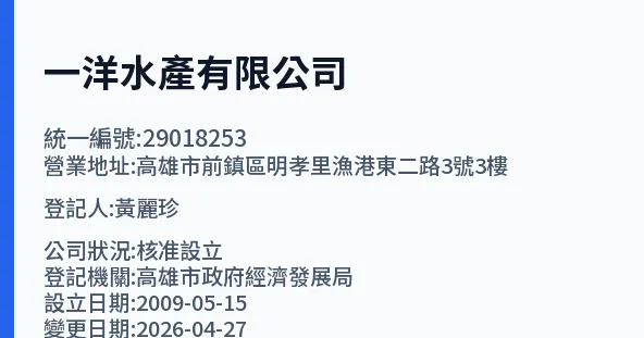 一洋水產有限公司的照片-統編 29018253(高雄市) 公司登記資料與營業項目詳細圖表
