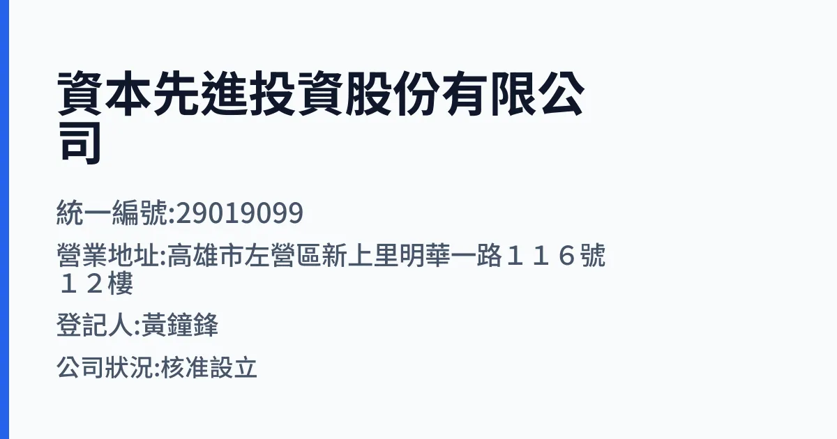 資本先進投資股份有限公司 - 統編 29019099(高雄市) 公司登記資料與營業項目詳細圖表