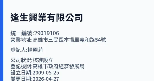 逢生興業有限公司的照片-統編 29019106(高雄市) 公司登記資料與營業項目詳細圖表